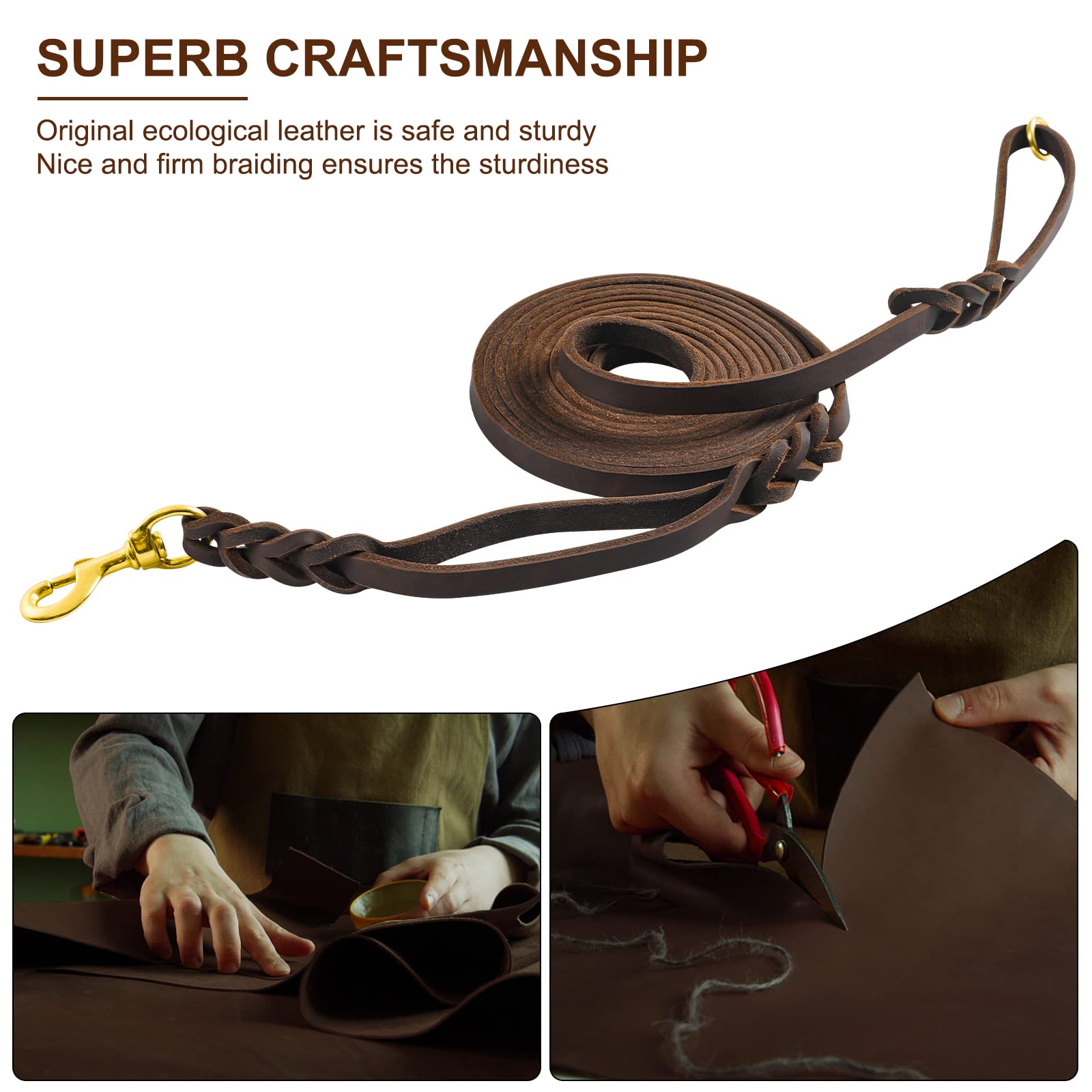 Wellbro 15ft Long Leather Dog Leash,Double Handle Dog Leash,Tieout for Yard, Camping, and Outdoors - Dog Run Cable for Total Control and Off-Leash Feel, Great for Large, Medium, Service Dogs