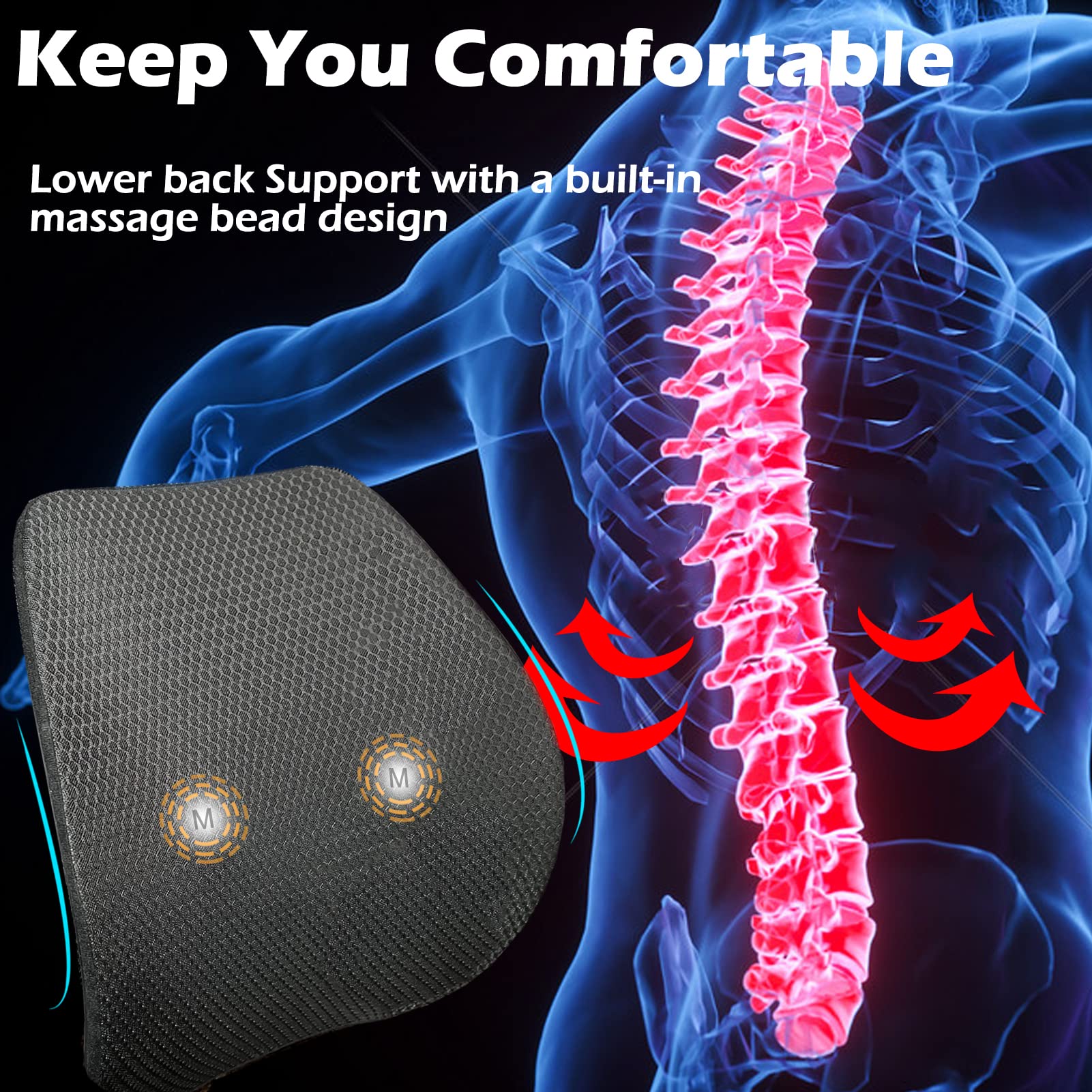 Big Hippo Lumbar Support, Car Back Support with Massage Beads Ergonomic Design for Comfort and Lower Back Pain Relief, Car Seat Lumbar Support for Driver, Office Chair, Wheelchair, Chair Support Home
