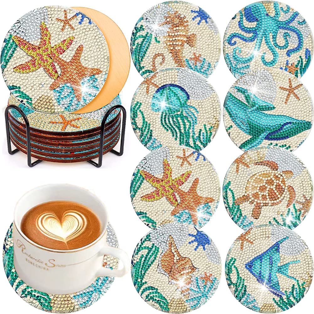 MHAT Diamond Coasters Kits Mandala 8pcs DIY Diamond Art Coasters with Holder for Beginners Adults Kids Craft Supplies Christmas Gift Birthday Presents (Mandala 8pcs)