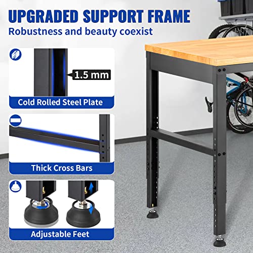 VEVOR Adjustable Workbench, 48" L X 20" W Garage Table w/ 28.3" - 38.1" Heights & 2000 LBS Load Capacity, with Power Outlets & Hardwood Top & Metal Frame & Foot Pads, for Office Home Garage