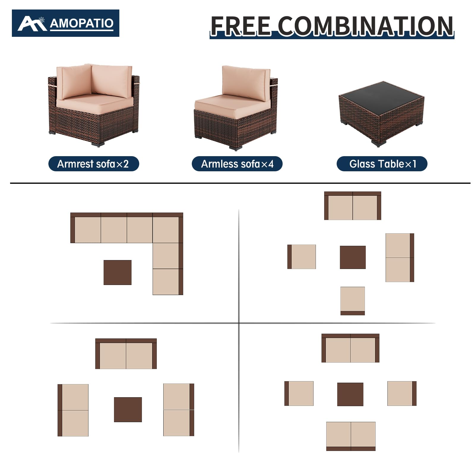 Amopatio Outdoor Patio Furniture Set, 14 Pieces PE Wicker Pit Sectional Sofa with Khaki Cushions, Coffee Tables, All-Weather Covers, Patio Conversation Sets Fits Patio Deck Balcony Yard