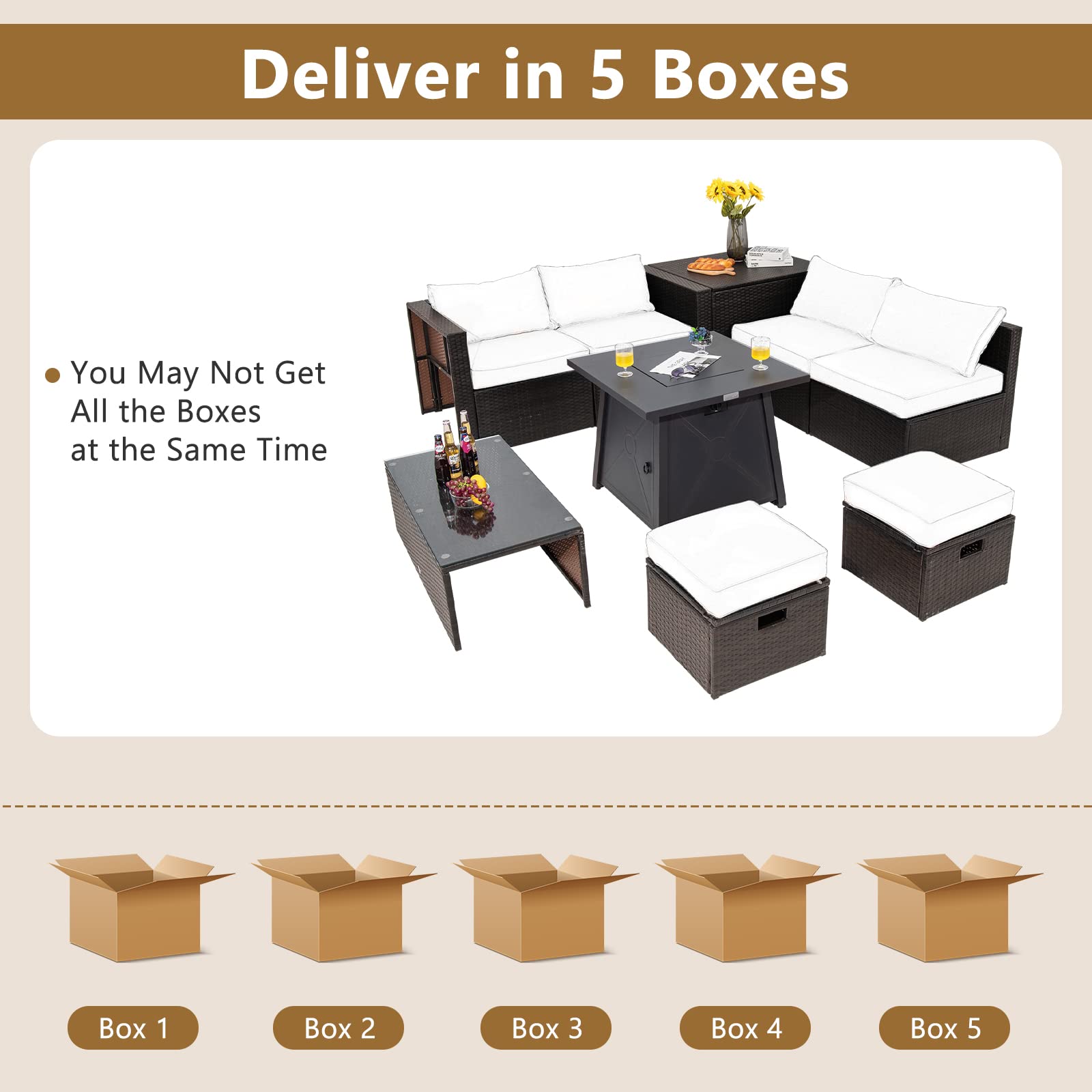 Tangkula 9 Pieces Patio Furniture Set with 30” Propane Fire Pit Table, Outdoor PE Wicker Sectional Sofa Set with Storage Box, 50,000 BTU Gas Fire Pit Table with 2 Protective Covers (Black)