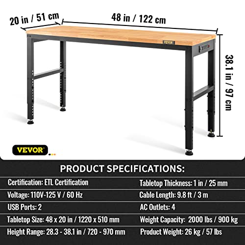 VEVOR Adjustable Workbench, 48" L X 20" W Garage Table w/ 28.3" - 38.1" Heights & 2000 LBS Load Capacity, with Power Outlets & Hardwood Top & Metal Frame & Foot Pads, for Office Home Garage
