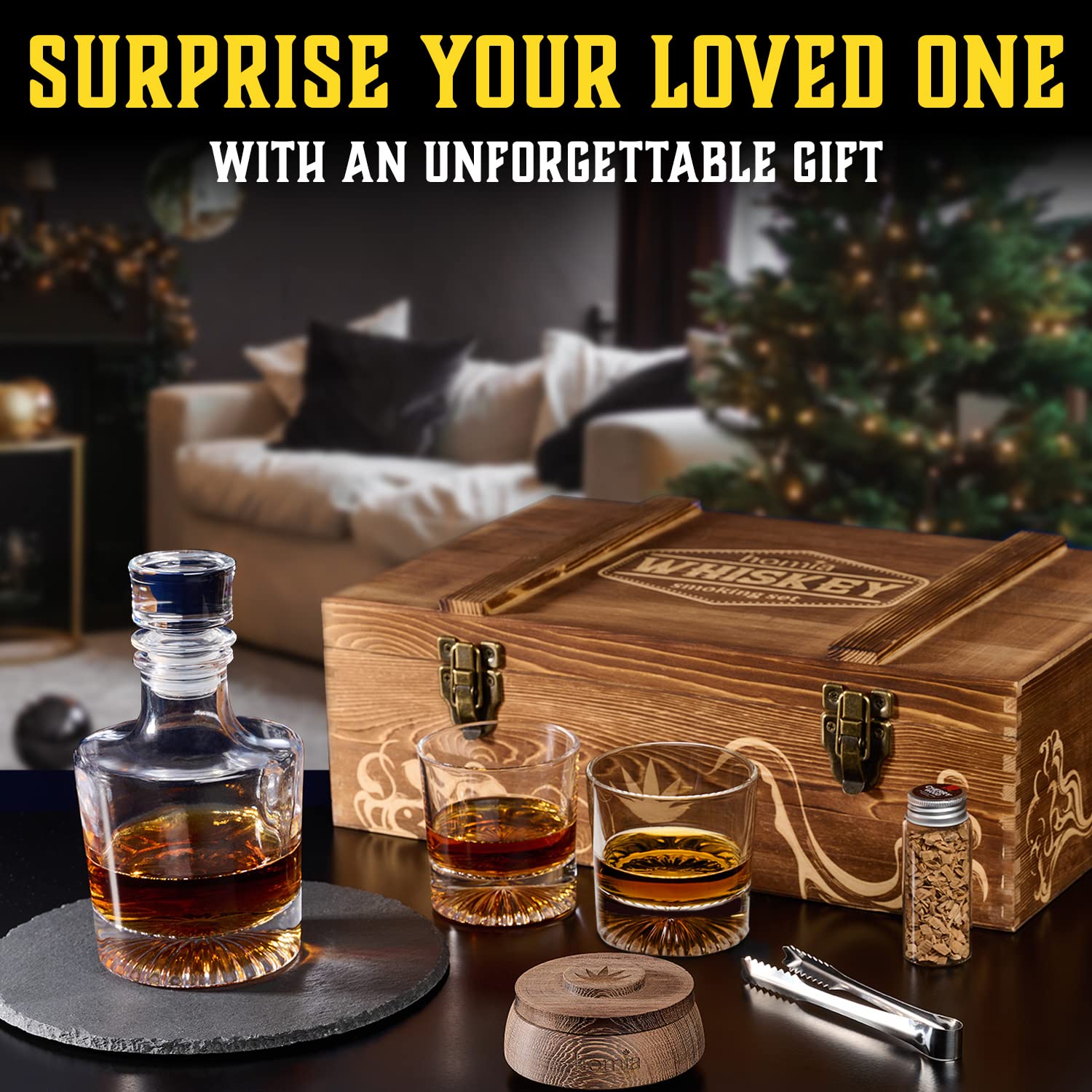 Whiskey Gift Set, 14 pcs - Whiskey Decanter + Wooden Smoker + Old Fashioned Glasses - 2 pcs, in Wooden Box with Wood Chips, Whiskey Stones 6 pcs Included - Gift for Men (Torch Not Included)