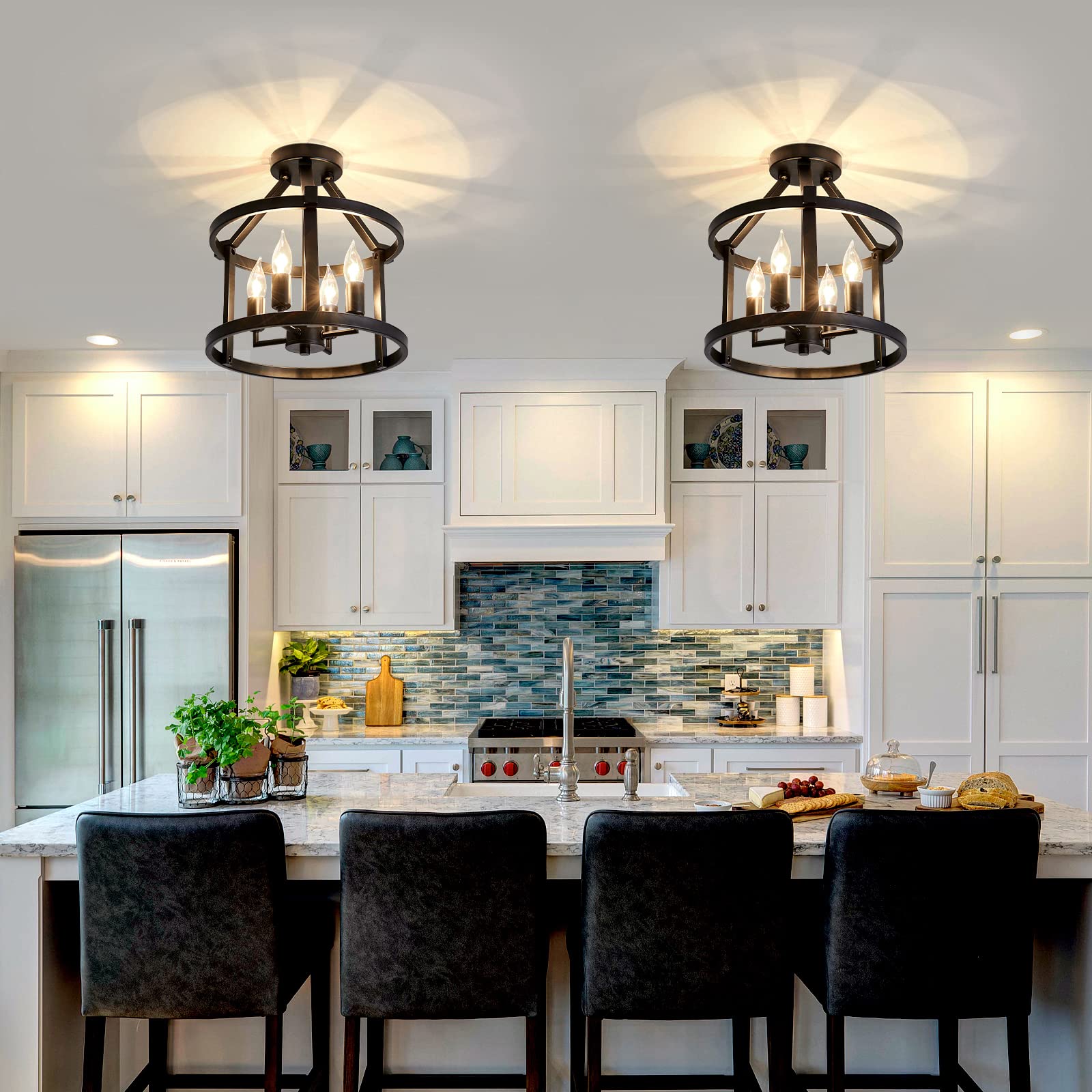 UOFUS 2-Pack Semi Flush Mount Ceiling Light Fixture Farmhouse Matte Chandelier Ceiling Lamp for Entryway Foyer Dining Room Bedroom Kitchen Hallway (Black Metal )
