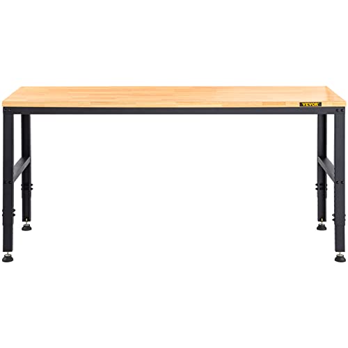 VEVOR Adjustable Workbench, 48" L X 20" W Garage Table w/ 28.3" - 38.1" Heights & 2000 LBS Load Capacity, with Power Outlets & Hardwood Top & Metal Frame & Foot Pads, for Office Home Garage