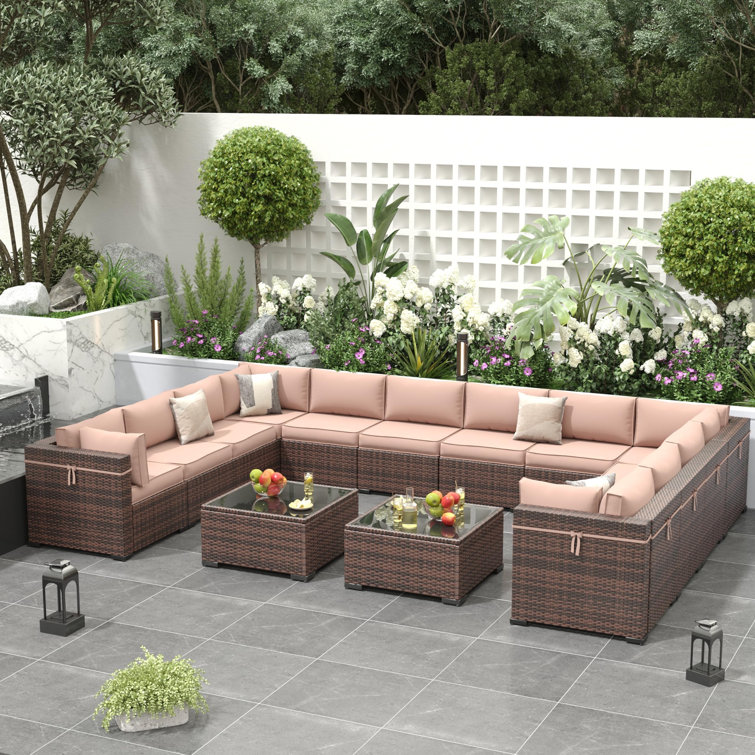 Amopatio Outdoor Patio Furniture Set, 14 Pieces PE Wicker Pit Sectional Sofa with Khaki Cushions, Coffee Tables, All-Weather Covers, Patio Conversation Sets Fits Patio Deck Balcony Yard