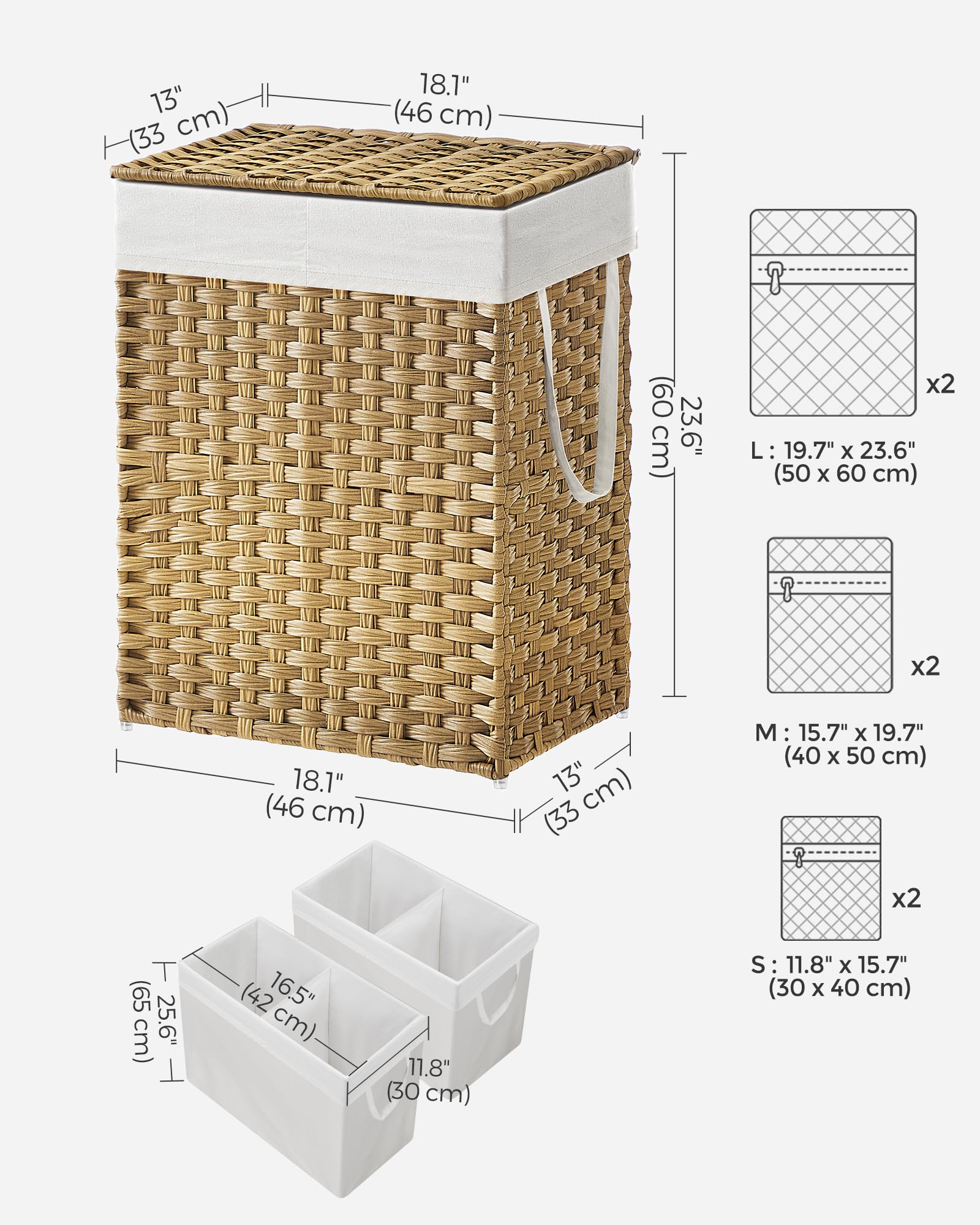 SONGMICS Laundry Hamper with Lid, 90L Clothes Hamper with 2 Removable Liner Bags, 6 Mesh Bags, Wicker Laundry Basket, Double Laundry Hamper for Bathroom, 13 x 18.1 x 23.6 Inches, Natural ULCB251N01V1