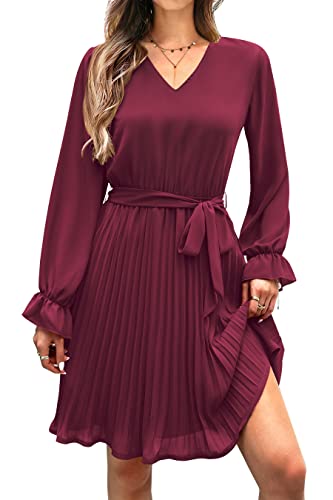 PRETTYGARDEN Women's Casual Spring Fall Dresses Long Puff Sleeve V Neck Pleated Ruffle Flowy Belted Dress (Wine Red,Large)