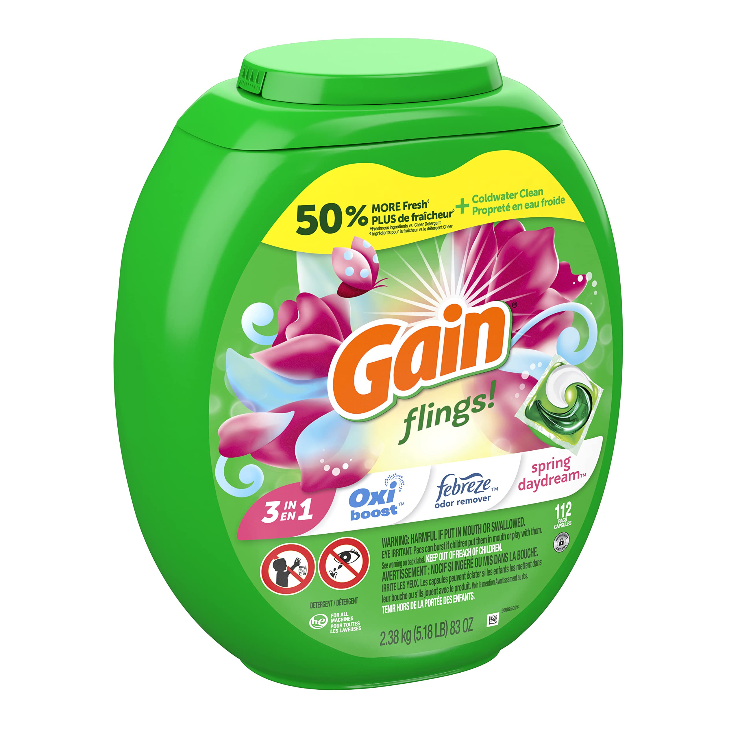 Gain flings Laundry Detergent Soap Pacs HE Compatible 112 ct Long Lasting Scent Spring Daydream