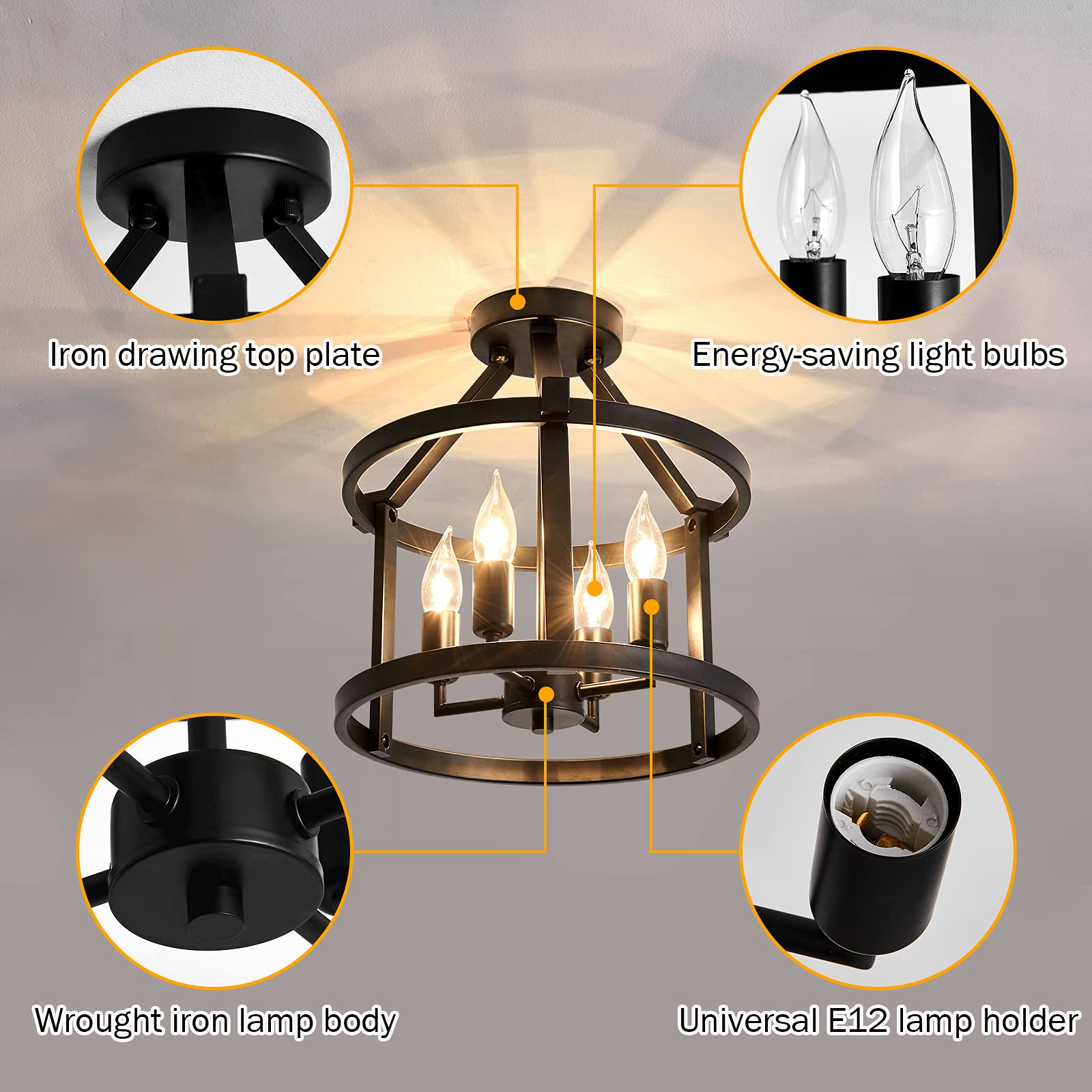 UOFUS 2-Pack Semi Flush Mount Ceiling Light Fixture Farmhouse Matte Chandelier Ceiling Lamp for Entryway Foyer Dining Room Bedroom Kitchen Hallway (Black Metal )