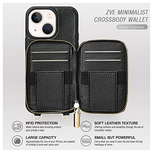 ZVE for iPhone 14 Plus Crossbody Wallet Case for Magsafe, Magnetic Phone Case with RFID Blocking Card Holder Wrist Strap for Women, Zipper Leather Cover for iPhone 14 Plus, 6.7"-Black