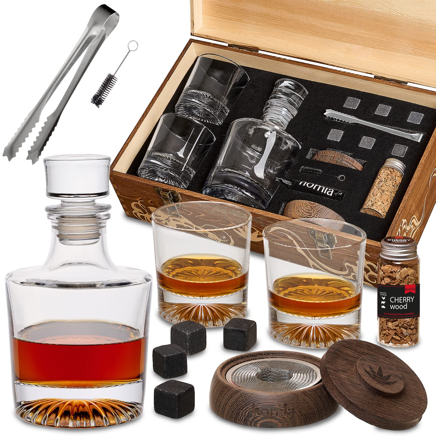 Whiskey Gift Set, 14 pcs - Whiskey Decanter + Wooden Smoker + Old Fashioned Glasses - 2 pcs, in Wooden Box with Wood Chips, Whiskey Stones 6 pcs Included - Gift for Men (Torch Not Included)