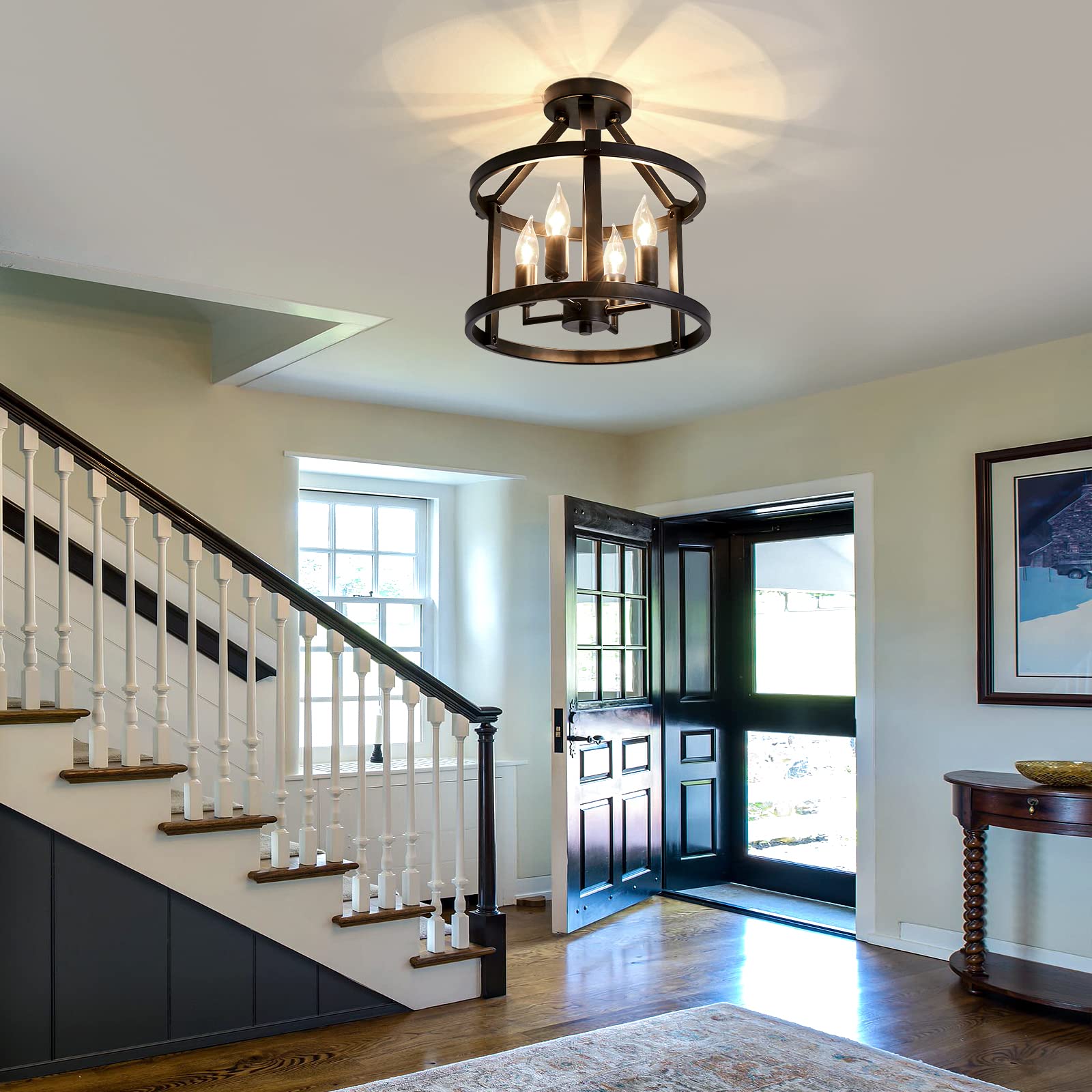 UOFUS 2-Pack Semi Flush Mount Ceiling Light Fixture Farmhouse Matte Chandelier Ceiling Lamp for Entryway Foyer Dining Room Bedroom Kitchen Hallway (Black Metal )