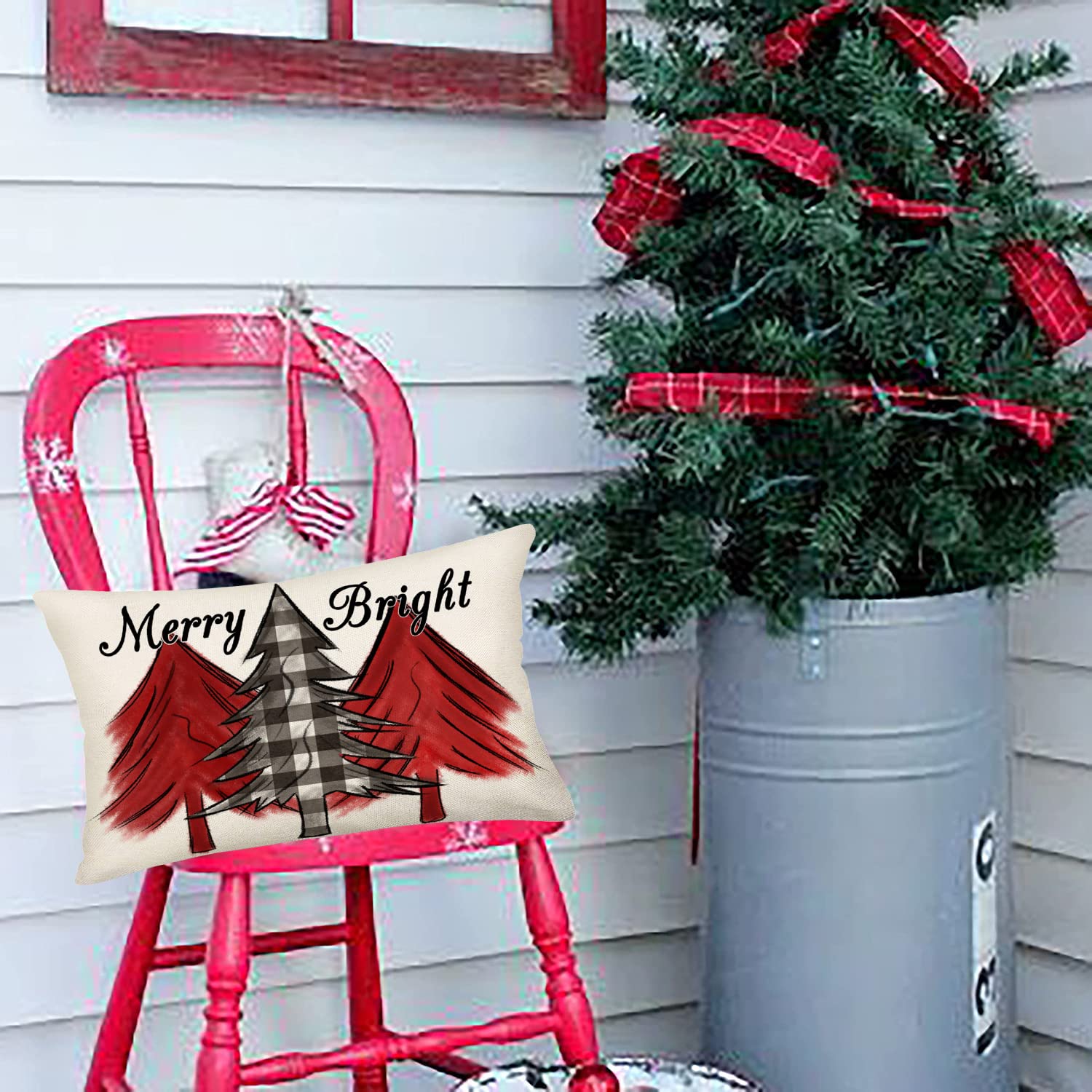 Fukeen Merry Bright Christmas Tree Pillow Covers 12x20 Inch Black White Buffalo Plaids Checked Xmas Red Trees Farmhouse Decorations Throw Waist Pillow Cases Cotton Linen Winter Cushion Cover