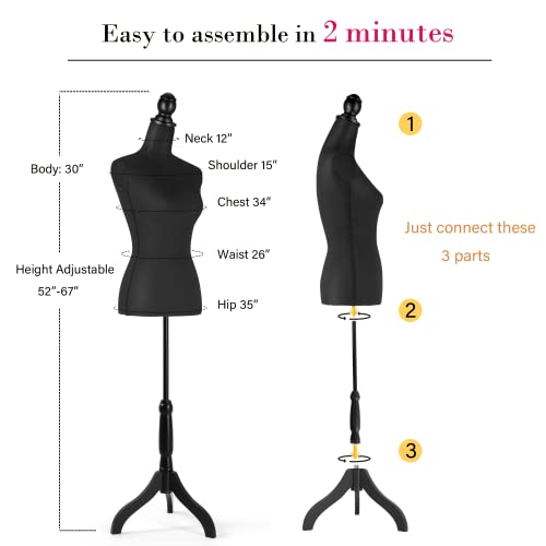 Dress Form Mannequin Torso, Female Sewing Bust Manikin Body, Pinnable Dressmaker Form with Stand for Display, Clothing Design, Black