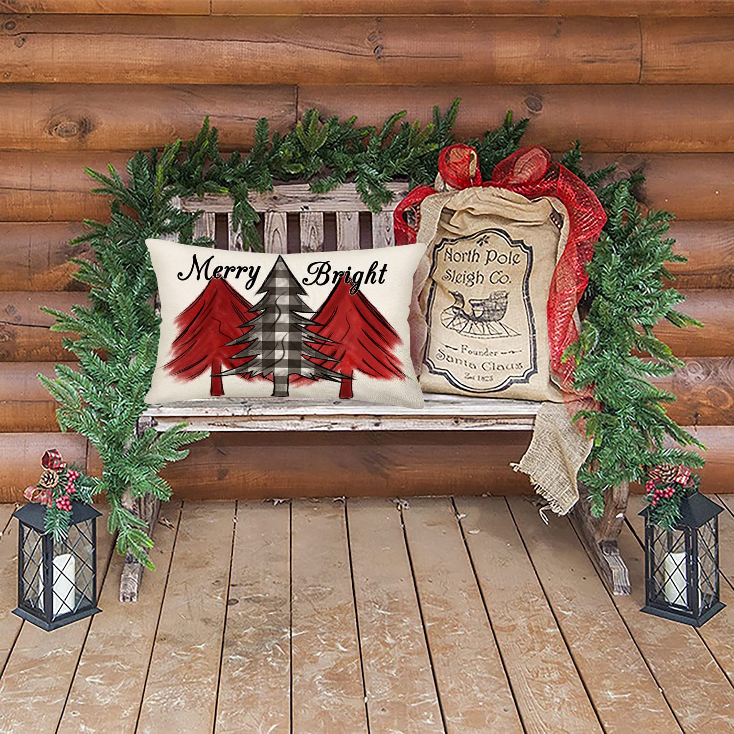 Fukeen Merry Bright Christmas Tree Pillow Covers 12x20 Inch Black White Buffalo Plaids Checked Xmas Red Trees Farmhouse Decorations Throw Waist Pillow Cases Cotton Linen Winter Cushion Cover