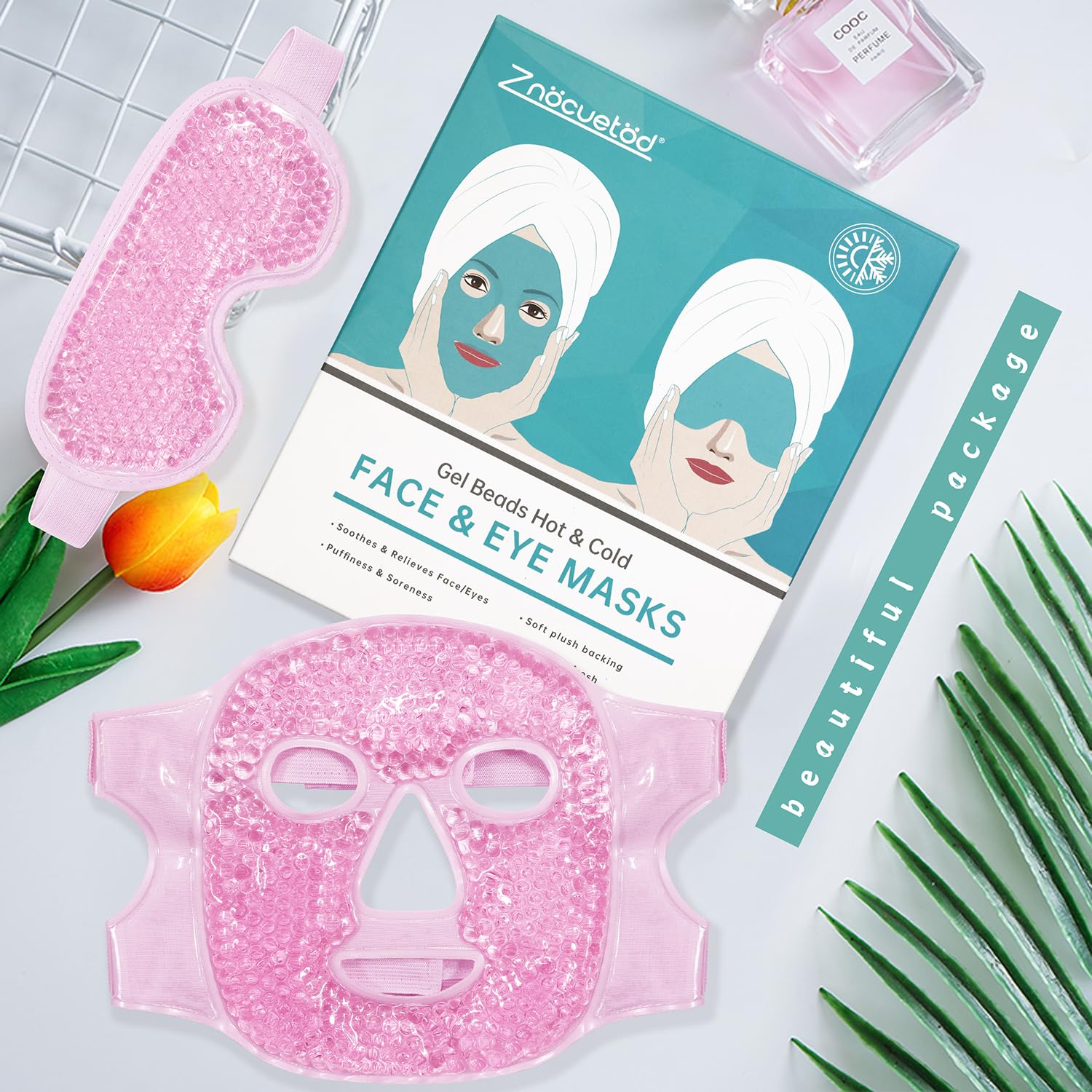 Face Eye Mask Ice Pack for Reducing Puffiness, Bags Under Eyes, Puffy Dark Circles, Migraine,Hot/Cold Pack with Soft Plush Backing (Pink-(1*Eye Mask+1*Face Mask))
