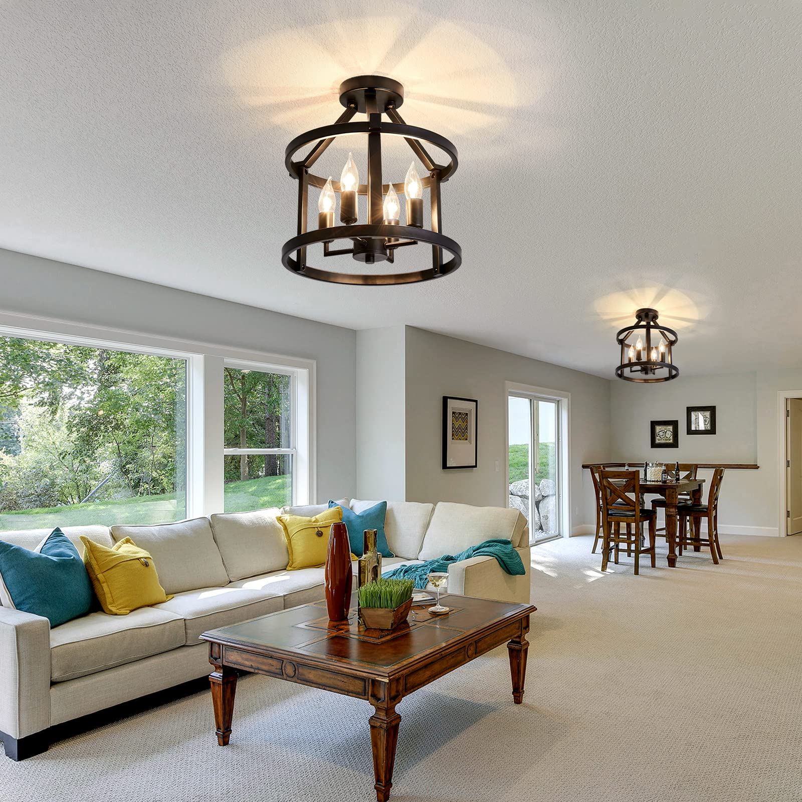 UOFUS 2-Pack Semi Flush Mount Ceiling Light Fixture Farmhouse Matte Chandelier Ceiling Lamp for Entryway Foyer Dining Room Bedroom Kitchen Hallway (Black Metal )