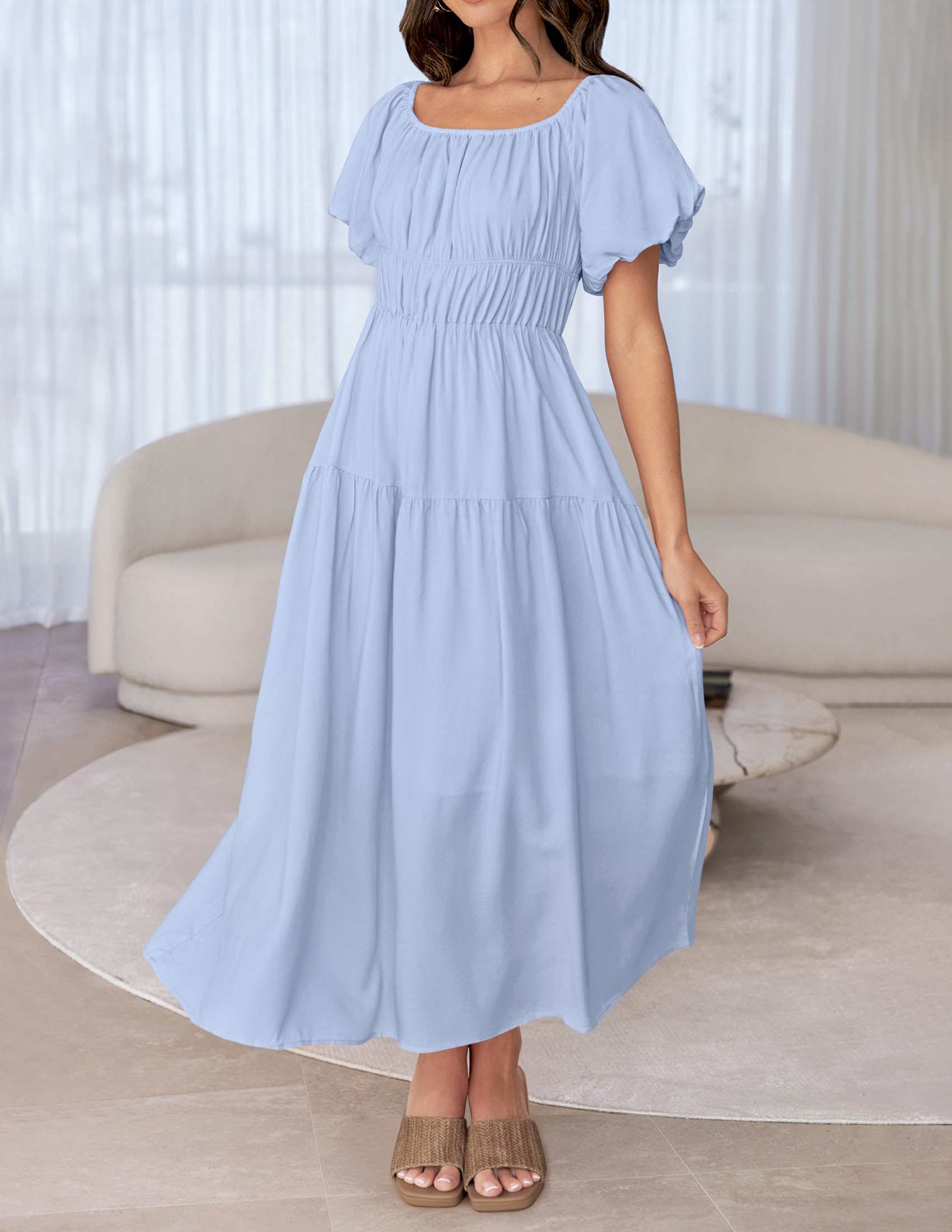 ZESICA Women's Sexy Boho Off Shoulder Puff Short Sleeve High Waist Ruffled Flowy A Line Beach Party Midi Dress,Blue,Medium