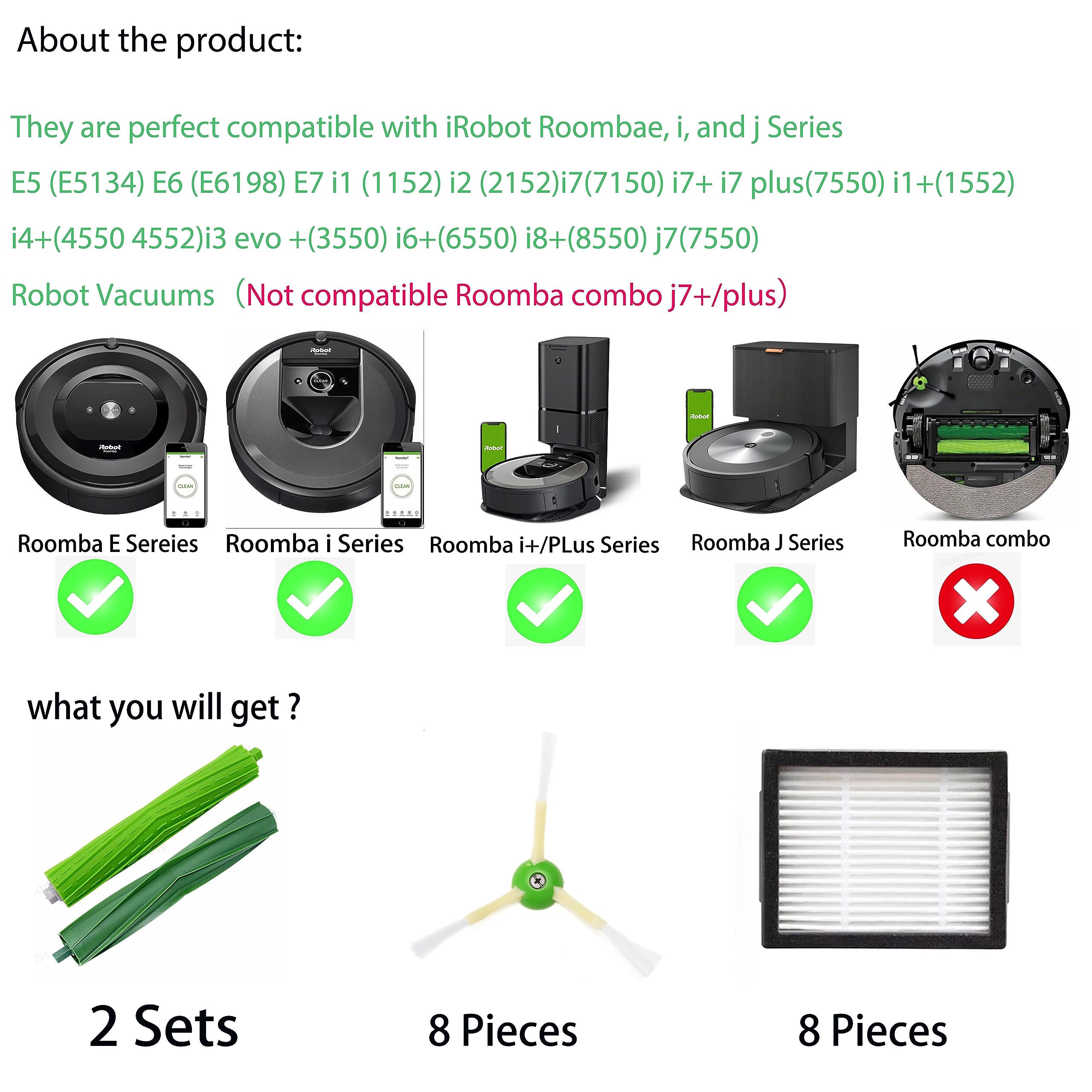 JoyBros Replacement Parts Accessories for iRobot Roomba evo Combo e5 e6 i1 i2 i3 i4 i5 i6 i7 i8 j5 j7 j8 Plus,2 Set Rubber Brushes 8 Filters/HEPA 8 Side Brushes
