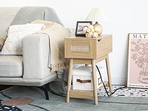 Labcosi Natural Rattan Side Table, Flip Top Nightstand with Charging Station, Mid Century Modern End Table for Living Room and Bedroom, Table with Storage Shelf