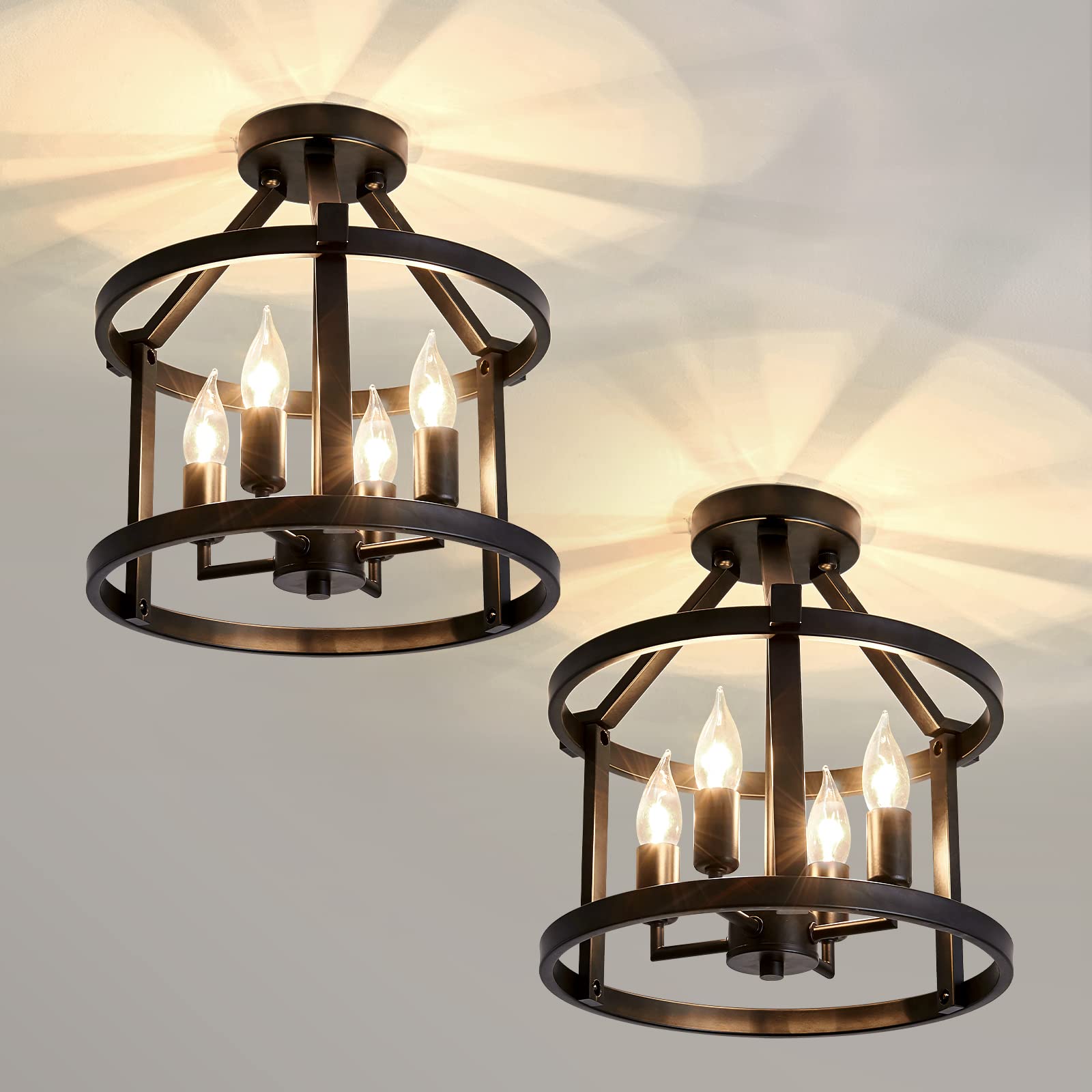 UOFUS 2-Pack Semi Flush Mount Ceiling Light Fixture Farmhouse Matte Chandelier Ceiling Lamp for Entryway Foyer Dining Room Bedroom Kitchen Hallway （Black Metal ）