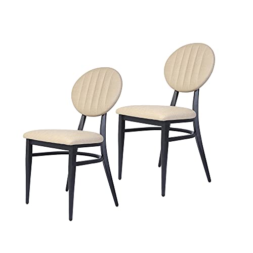 LUCKYERMORE Leather Dining Room Chair Set of 2 Heavy Duty Kitchen Chair Upholstered Vinyl Dining Chair with Round Back Modern Industrial Metal Frame 500LBS Weight Capacity,Black+Beige