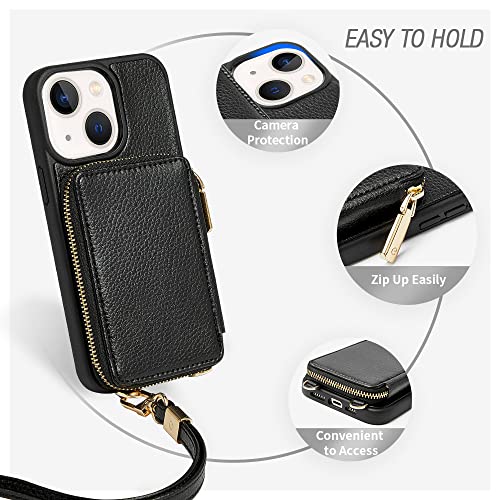 ZVE for iPhone 14 Plus Crossbody Wallet Case for Magsafe, Magnetic Phone Case with RFID Blocking Card Holder Wrist Strap for Women, Zipper Leather Cover for iPhone 14 Plus, 6.7"-Black