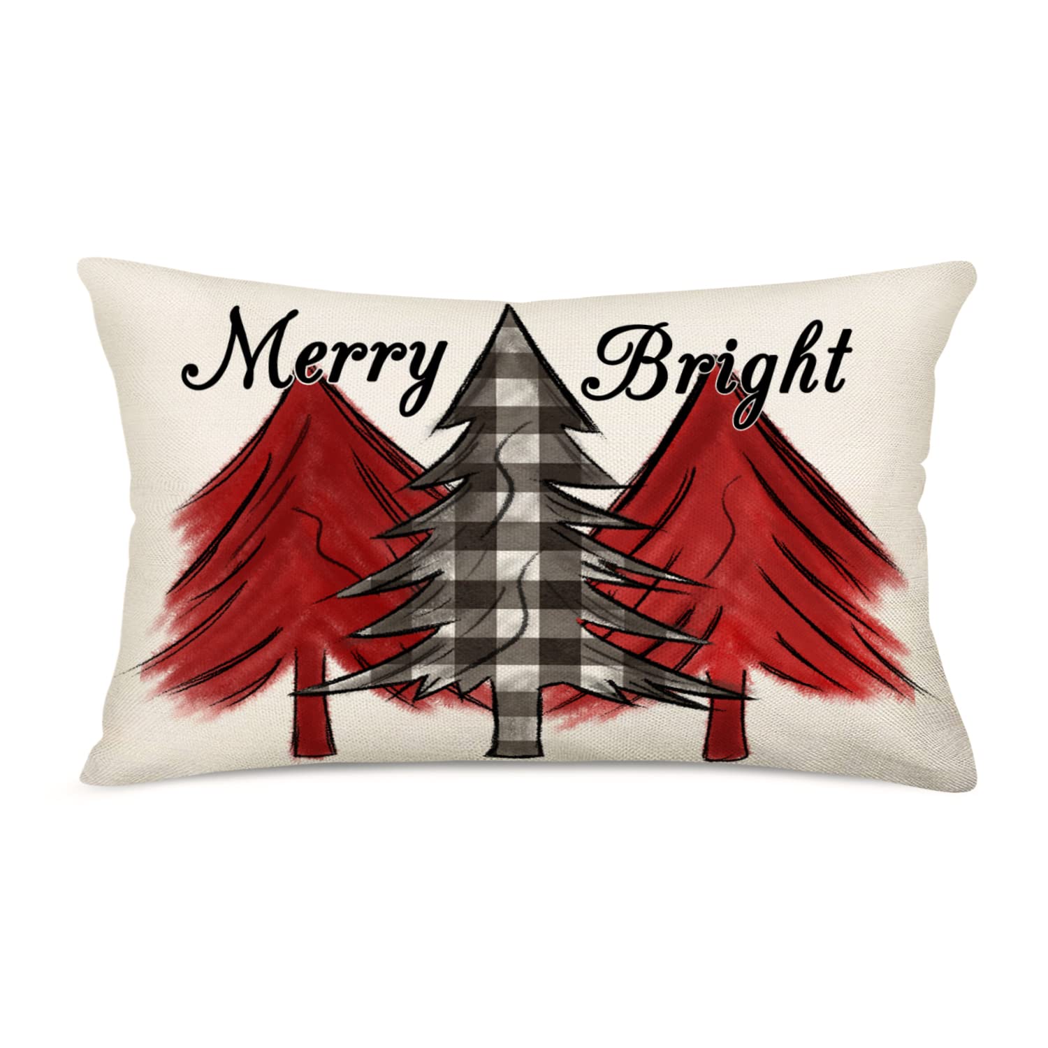 Fukeen Merry Bright Christmas Tree Pillow Covers 12x20 Inch Black White Buffalo Plaids Checked Xmas Red Trees Farmhouse Decorations Throw Waist Pillow Cases Cotton Linen Winter Cushion Cover
