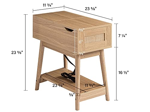 Labcosi Natural Rattan Side Table, Flip Top Nightstand with Charging Station, Mid Century Modern End Table for Living Room and Bedroom, Table with Storage Shelf