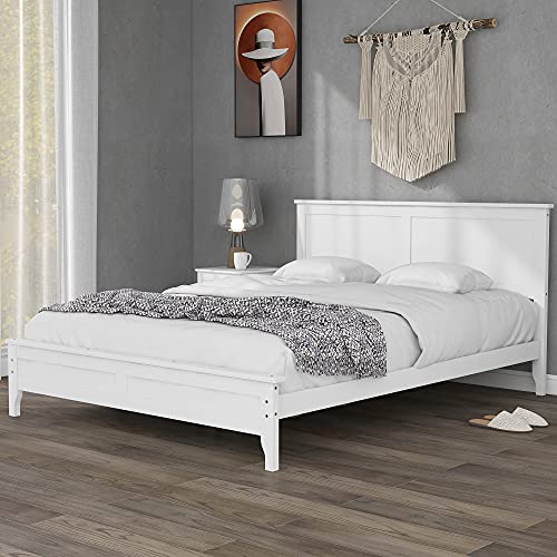 MERITLINE Queen Platform Bed Frame with headboard/Solid Wood Foundation with Wood Slat Support/No Box Spring Needed/Easy Assembly, Rustic Pine (Queen Size, White)