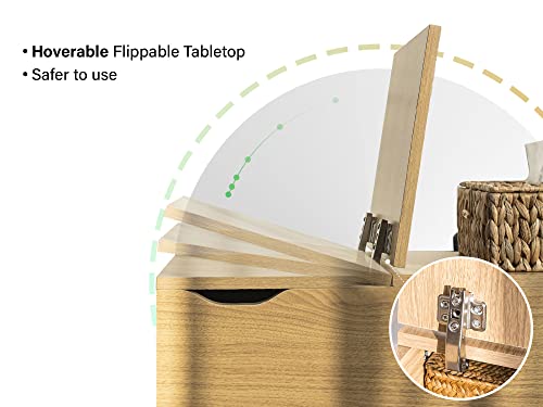 Labcosi Natural Rattan Side Table, Flip Top Nightstand with Charging Station, Mid Century Modern End Table for Living Room and Bedroom, Table with Storage Shelf