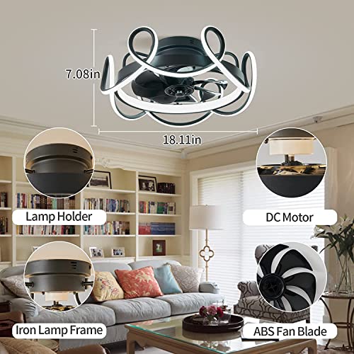 XuanDe Ceiling Fans with Lights and Remote Modern 18" Ceiling Fans Bladeless, Quiet Motor Stepless Dimmable 6 Wind Speeds Geometric, Low Profile Flush Mount Ceiling Fan for Bedroom Living Room