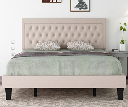 Benevika Queen Size Upholstered Platform Bed Frame with Linen Fabric Button Tufted Headboard, Wood Slat Support, Upholstered Mattress Foundation, No Box Spring Needed, Easy Assembly, Beige