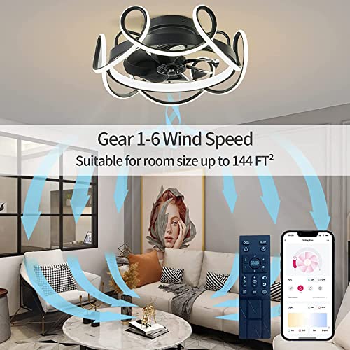 XuanDe Ceiling Fans with Lights and Remote Modern 18" Ceiling Fans Bladeless, Quiet Motor Stepless Dimmable 6 Wind Speeds Geometric, Low Profile Flush Mount Ceiling Fan for Bedroom Living Room