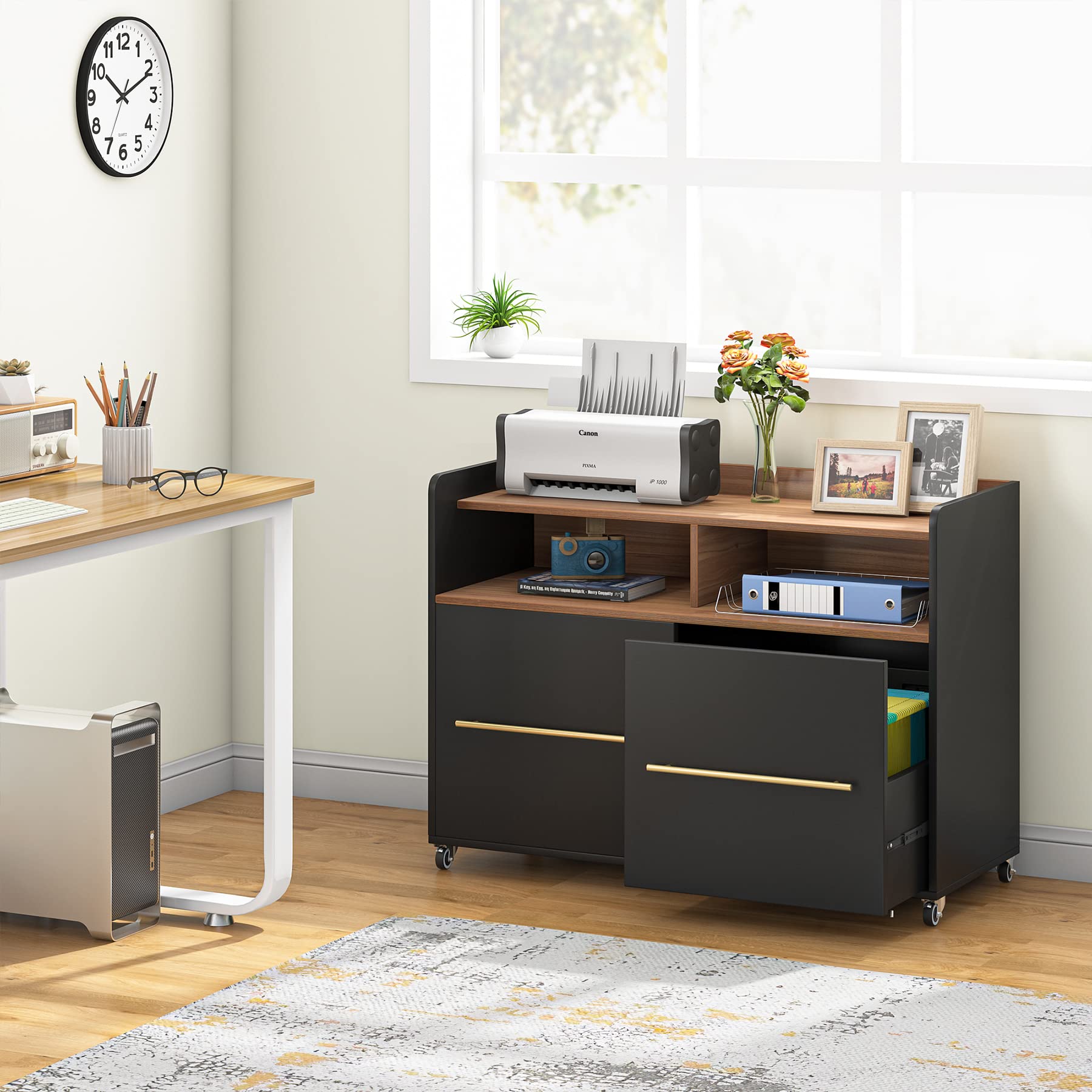 Tribesigns 2 Drawer File Cabinet Rolling Filing Cabinets for Home Office Black lateral File Cabinet Wood File Cabinet for Letter Size, Printer Stand with Rolling Wheel and Open Storage Shelves