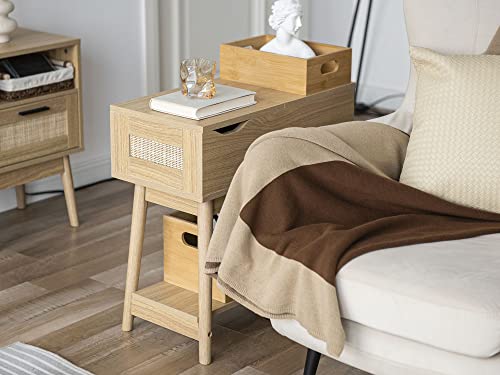 Labcosi Natural Rattan Side Table, Flip Top Nightstand with Charging Station, Mid Century Modern End Table for Living Room and Bedroom, Table with Storage Shelf