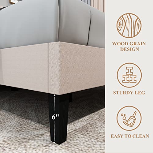 Benevika Queen Size Upholstered Platform Bed Frame with Linen Fabric Button Tufted Headboard, Wood Slat Support, Upholstered Mattress Foundation, No Box Spring Needed, Easy Assembly, Beige