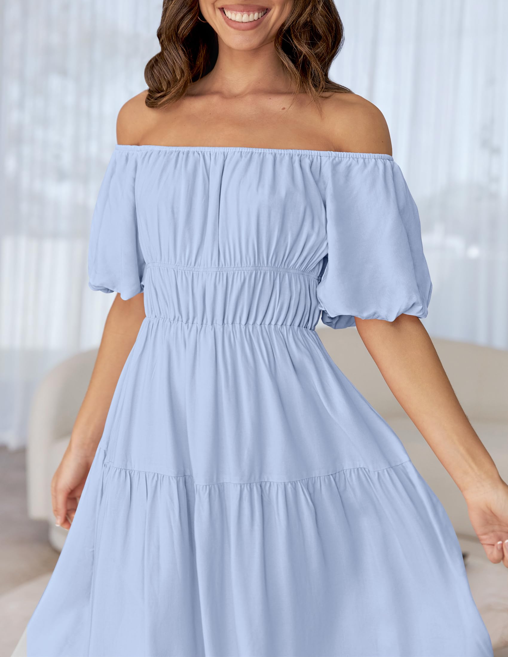 ZESICA Women's Sexy Boho Off Shoulder Puff Short Sleeve High Waist Ruffled Flowy A Line Beach Party Midi Dress,Blue,Medium