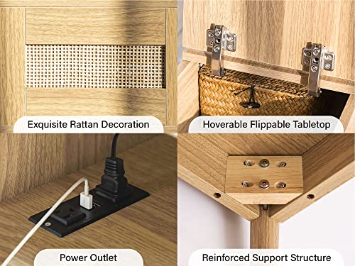 Labcosi Natural Rattan Side Table, Flip Top Nightstand with Charging Station, Mid Century Modern End Table for Living Room and Bedroom, Table with Storage Shelf