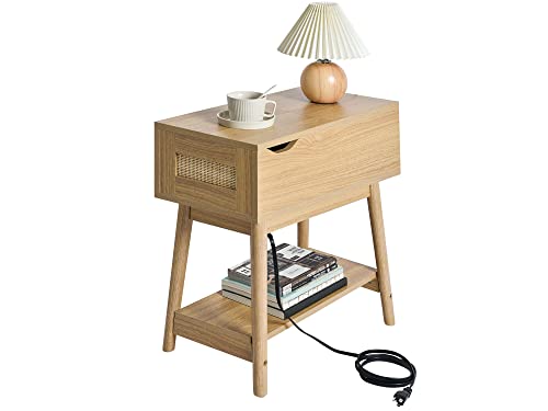 Labcosi Natural Rattan Side Table, Flip Top Nightstand with Charging Station, Mid Century Modern End Table for Living Room and Bedroom, Table with Storage Shelf