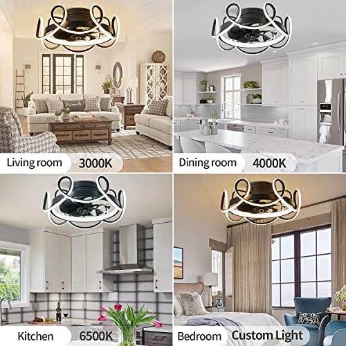XuanDe Ceiling Fans with Lights and Remote Modern 18" Ceiling Fans Bladeless, Quiet Motor Stepless Dimmable 6 Wind Speeds Geometric, Low Profile Flush Mount Ceiling Fan for Bedroom Living Room