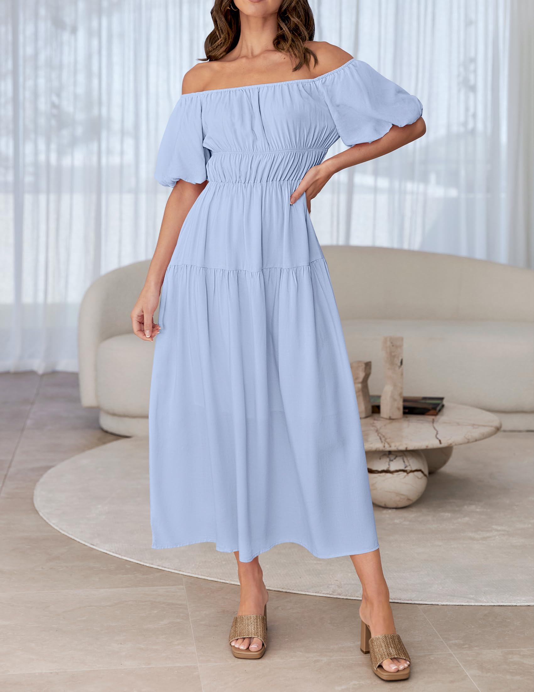ZESICA Women's Sexy Boho Off Shoulder Puff Short Sleeve High Waist Ruffled Flowy A Line Beach Party Midi Dress,Blue,Medium