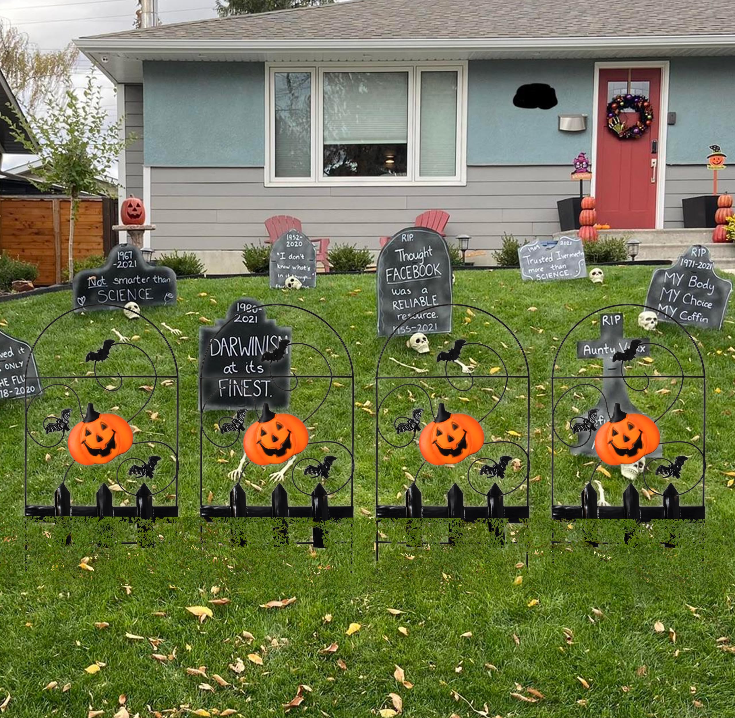 Gift Boutique Decorative Halloween Metal Cemetery Garden Fence 4 Pack Fall Panel Border Edge Picket Gate Fencing Yard Patio Lawn Landscape Gardening Outdoor Decor