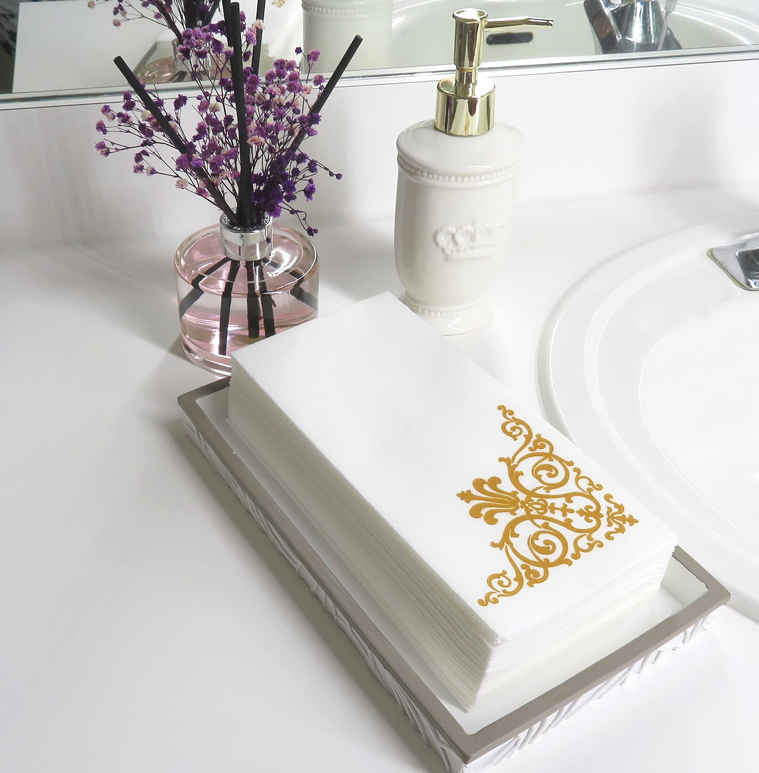 100 Bathroom Paper Hand Towels - Linen-Feel Guest Towels, Disposable Cloth Dinner Napkins, Ideal for Wedding Reception,Party Or Kitchen, White And Gold 12"x 17"