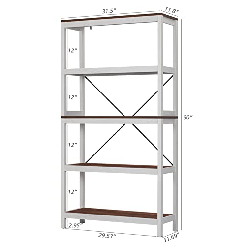Spirich Home 5 Tier Bookshelf, Tall Industrial Wood Bookcase, Modern Storage Book Shelf for Bedroom, Living Room and Home Office, Rustic Brown