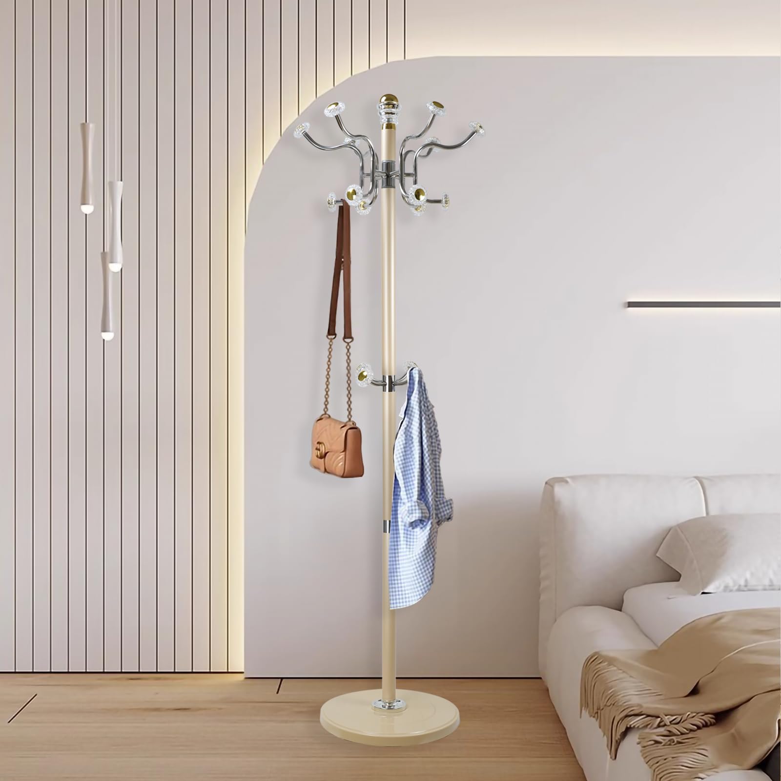 Julenshion Metal Coat Rack Stand,Coat Rack Freestanding Tree with 360° Rotary Hanger 16 pcs Hooks for Jackets Hats Bags Purses Entryway Hall Bedroom(Champagne)
