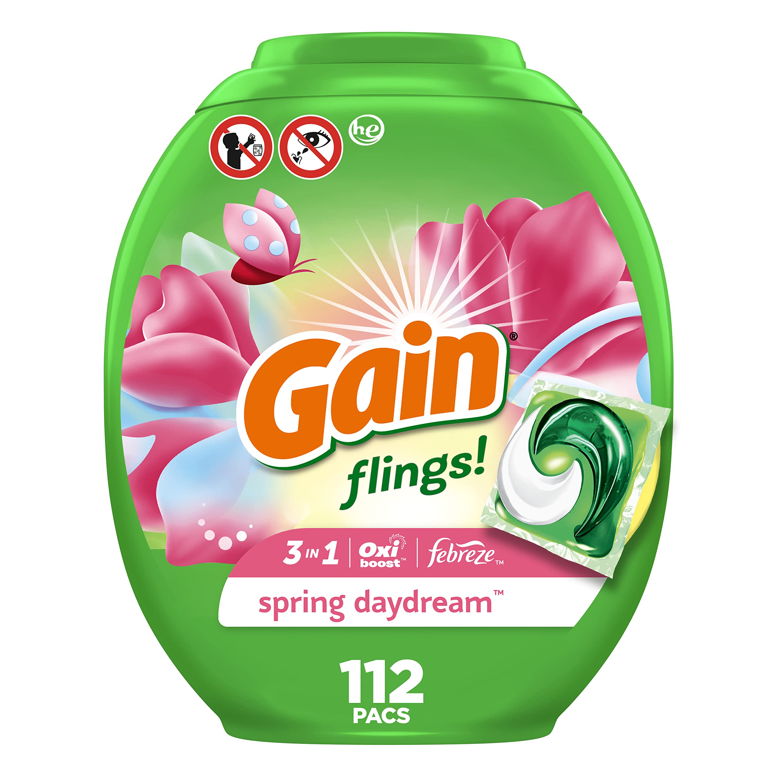 Gain flings Laundry Detergent Soap Pacs HE Compatible 112 ct Long Lasting Scent Spring Daydream
