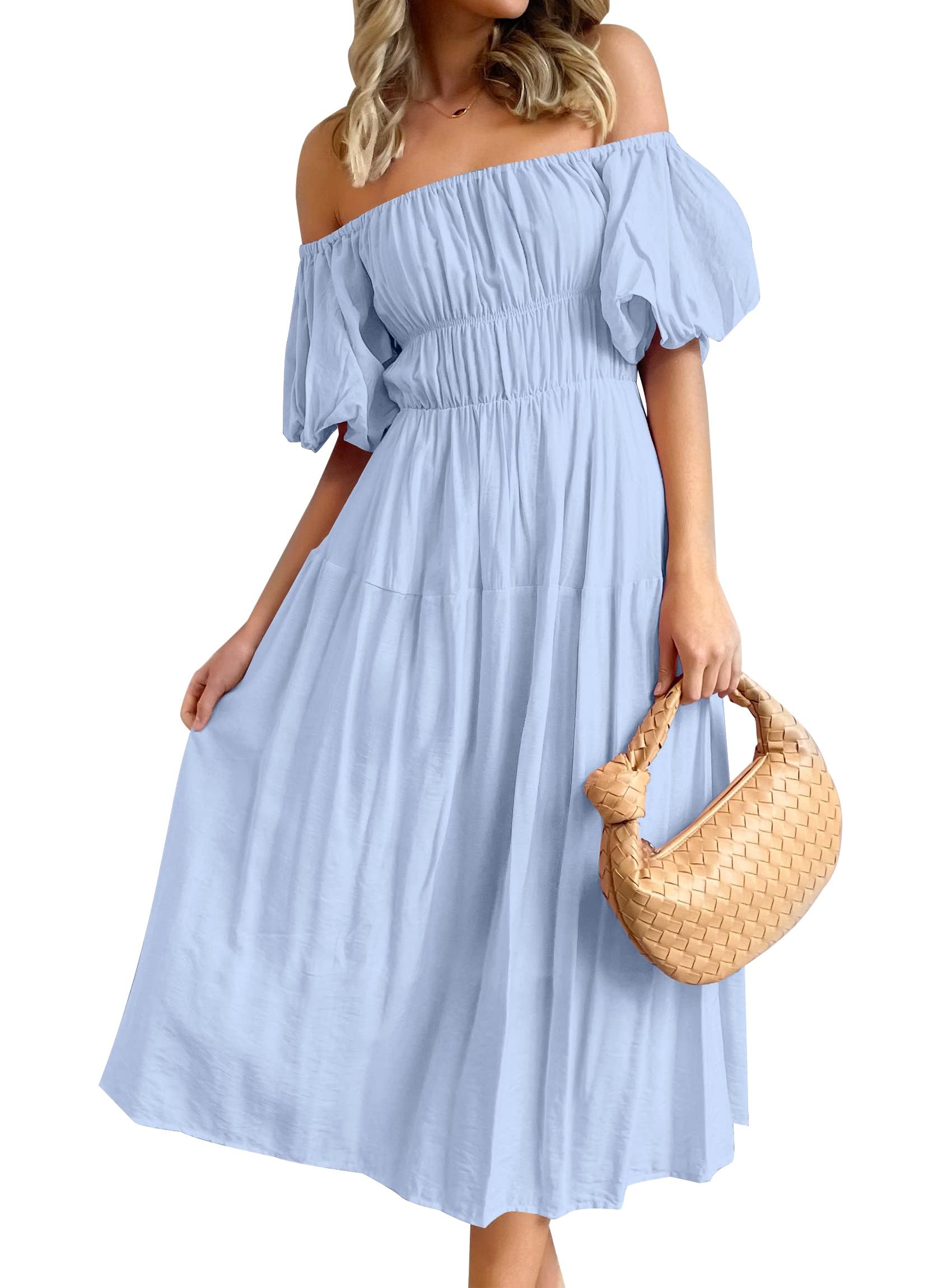 ZESICA Women's Sexy Boho Off Shoulder Puff Short Sleeve High Waist Ruffled Flowy A Line Beach Party Midi Dress,Blue,Medium